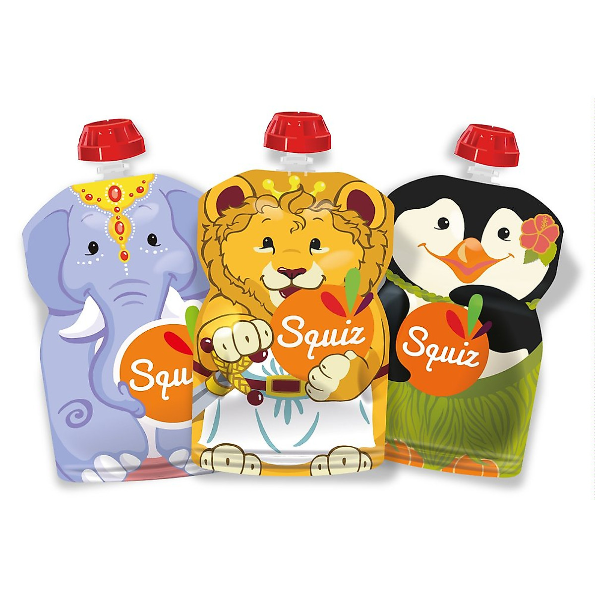 SQUIZ - 3 Swiss-Made Pack Reusable Food Pouches 4,4 oz (130ml) - Refillable Squeeze Food Storage for Baby, Toddler and Kids - Washable and Freezer Safe Bags - BPA Free - Fun Designs
