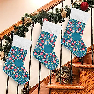 Kigai Christmas Stockings Navy Blue Flowers Large Candy Stockings Stuffers Kids Cute Xmas Sock Decorations 1PC for Home Holiday Party 12" x18"