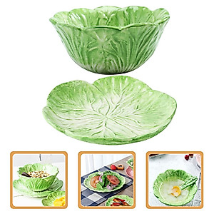 GANAZONO 1 Set Ceramic Cabbage Bowl with Plate Fruit Salad Bowl Cartoon Dinner Plate Soup Bowls Easter Food Snack Container for Kitchen Green Ramen Bowl