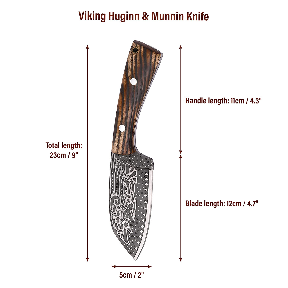 VikingsBrand Norse Viking-styled Knife - Huginn & Muninn Hand Forged Knife with Raven Engraving, Ergonomic Ash Wood Handle & Genuine Leather Sheath Holder - 4.7" Long Blade, 4.3" Handle