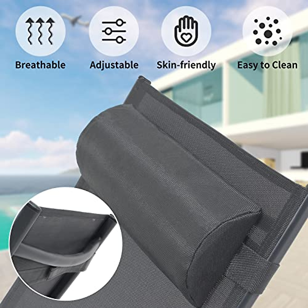 VARVIND Patio Chaise Lounge Chair Set of 3,Aluminum Outdoor Lounge Chair with Headrest,Sunbathing Lounger,Pool Tanning Chairs,Armrest Recliner Chiar with Side Table for Beach,Garden，Lawn(Grey)