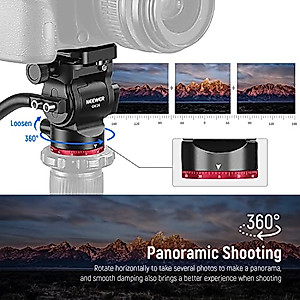 NEEWER Tripod Fluid Head Pan Tilt Head with Arca Type Quick Release Plate and Handle, Metal Panorama Head with Scaled Base (⌀37mm) for Compact Video Camera DSLR Camera, Load up to 6.6lb, GM24 (Red)