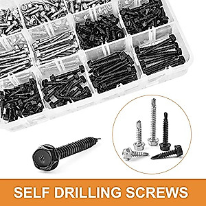 VIGRUE 410 Stainless Steel 360 Pieces Self Tapping TEK Screw Assortment, #8 Hex Washer Head Self Drilling Screws Full Thread Sheet Screw Kit for Metal