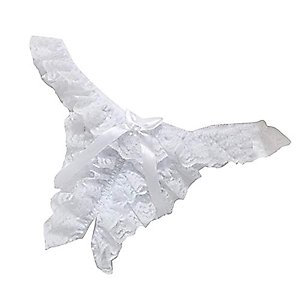Toxz Sexy Lace Bow Thong Floral Lace Satin Embroidered Crotchless,G-String T-Back Panty Open Side Women Underwear,Plunging Eyelash,Black