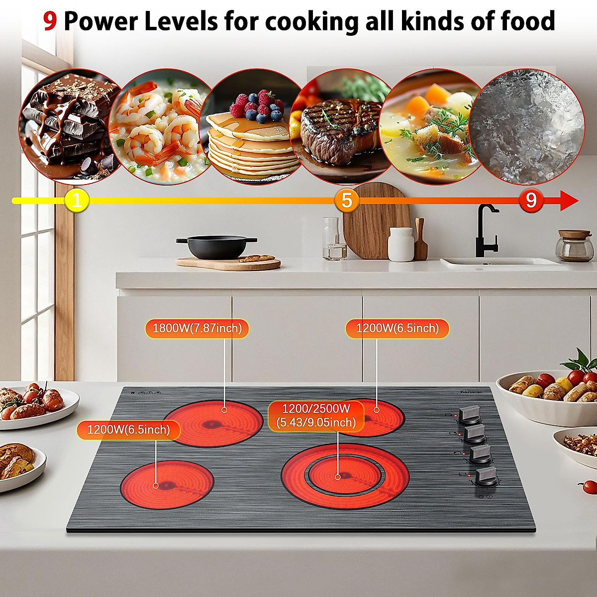 Karinear Electric Cooktop 30 Inch, 4 Burners Electric Stove Knob Control, Built-in Electric Ceramic Cooktop with Beautiful Woodgrain Pattern Glass Surface, 6700W, 220-240v Hard Wired(No Plug)