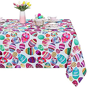 MoKoHouse White Easter Tablecloth Rectangle 57 x 84 inch Colorful Easter Eggs Tablecloth for Spring Party