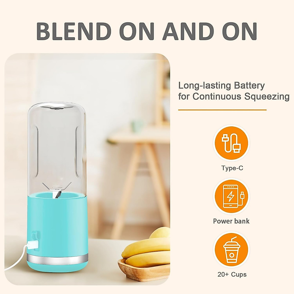 BESNOOW Portable Blender, Personal Blender for Shakes and Smoothies, 4000mAh USB Rechargeable, BPA Free 15.2 Oz 450ML Juicer Cup with 6 Blades and Lid, Portable Juicer for Kitchen/Travel/Gym(Blue)