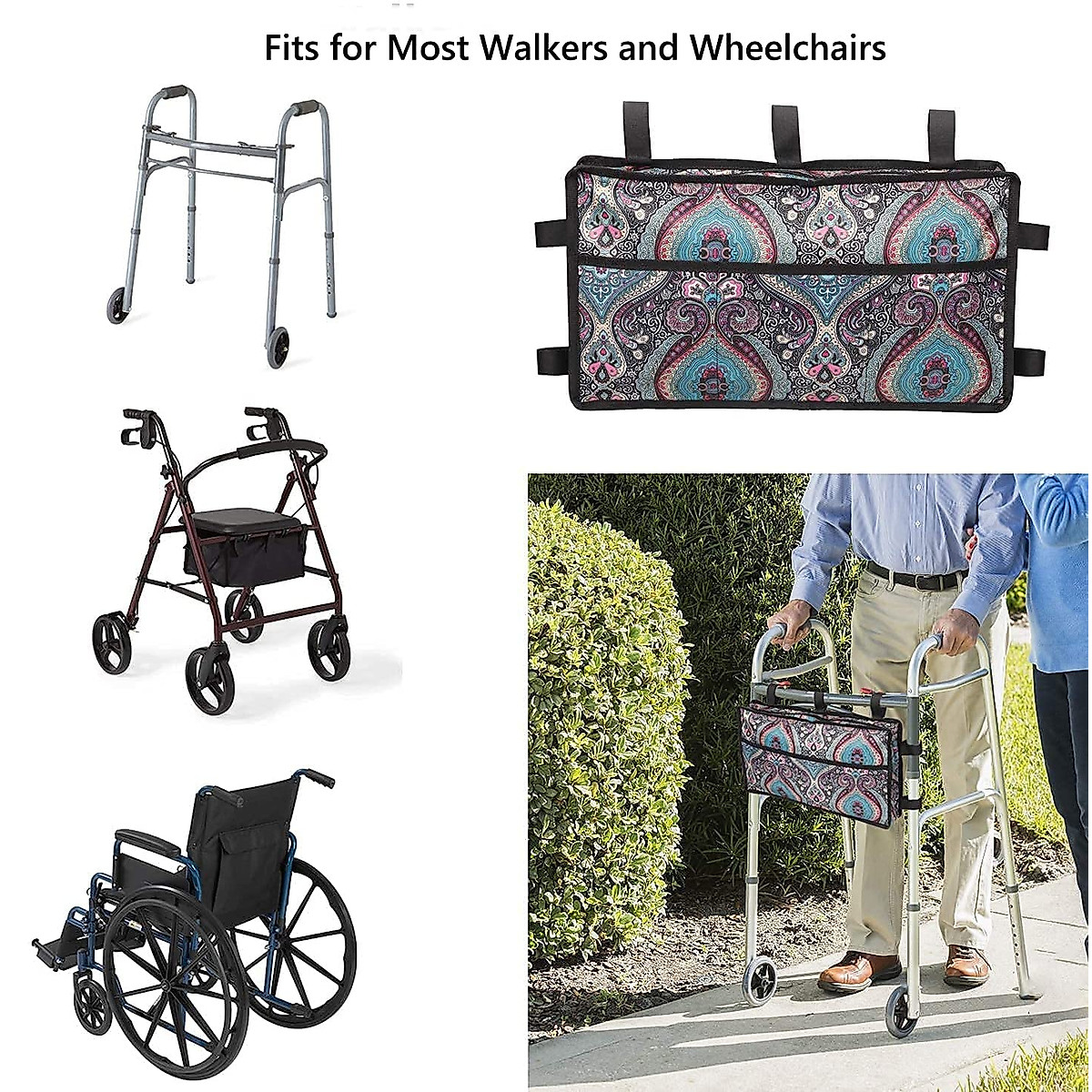 Walker Bag - Walker Storage Bag, Wheelchair/Walker Accessories Bag, Walker Pouch for Folding Walker, Universal Fit for Wheelchair, Rollator, Scooter.