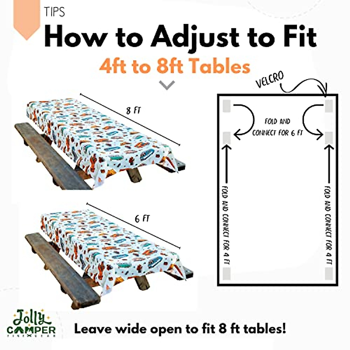 Jolly Camper Vintage Style Camping Tablecloth, Picnic Tablecloth, Fits 4ft to 8ft Picnic Tables, Polyester, Washable & Reusable, Spill & Stain Resistant, Water Repellent, Table Cloth for Picnic Table