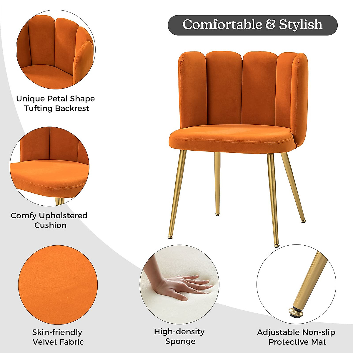 HULALA HOME Velvet Accent Chairs Modern Vanity Chairs for Makeup Room, Comfy Upholstered Dining Chairs for Living Room with Shell Back and Golden Metal Legs/Orange