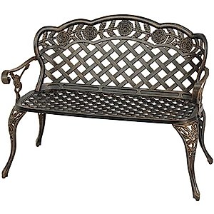 CIYOUNG Outdoor Aluminum Bench, Rust-Resistant Metal Loveseat, Seating Furniture for Garden Patio Porch Park Deck Lawn w/Floral Grid Design - Bronze