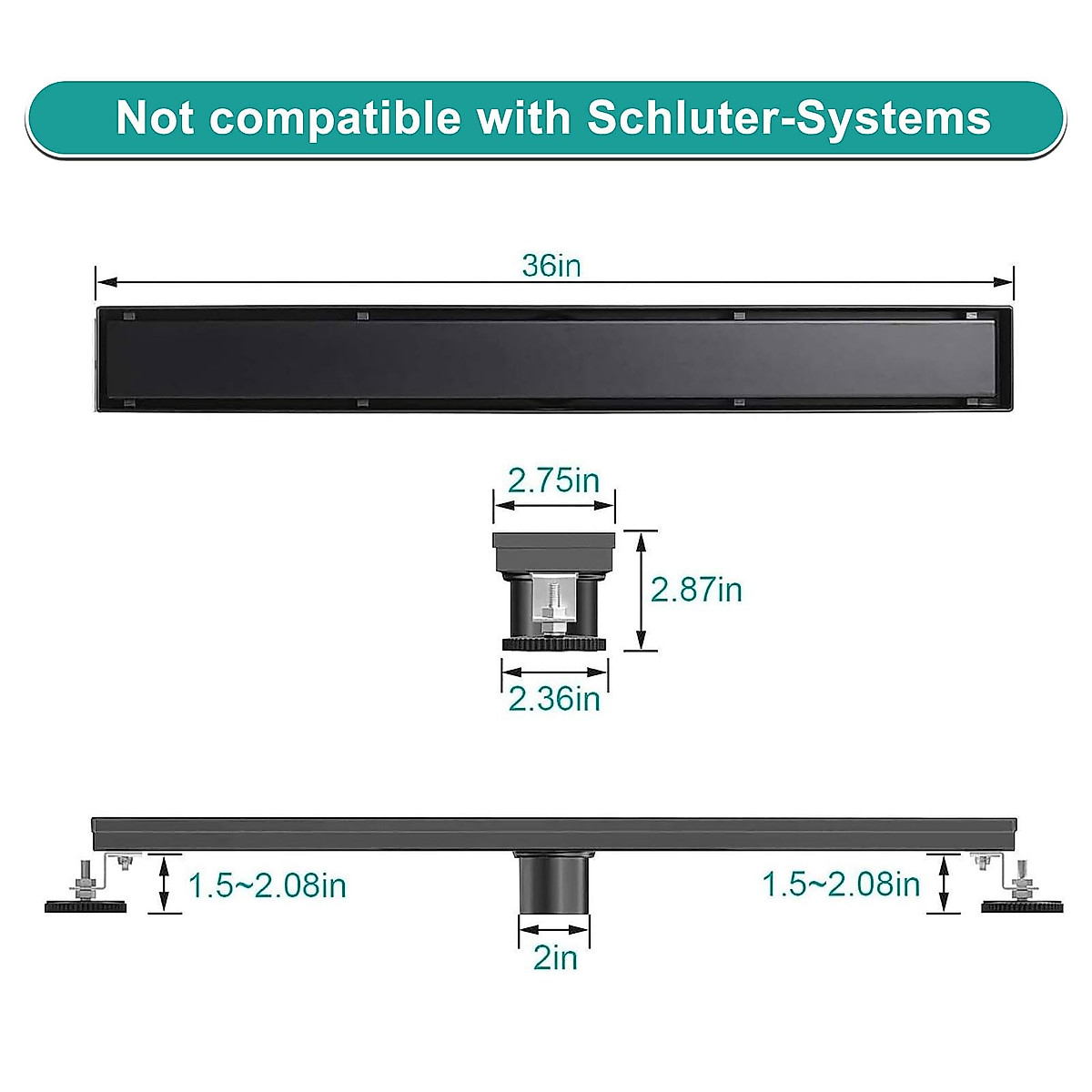 BARONAGE 36-Inch Linear Shower Drain, 2-in-1 Flat & Tile Insert Cover,Brushed SUS 304 Stainless Steel Matte Black Rectangle Shower Floor Drain Adjust