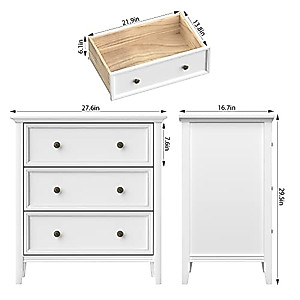 IKENO Nightstand with 3 Drawers and Charging Station, Solid Wood Dresser Organizer for Bedroom