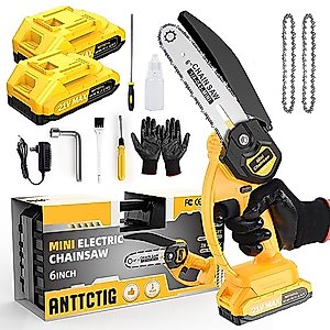 Anttctig Mini Chainsaw, 6 Inch Portable Electric Chainsaw, Lightweight Battery Powered Small Handheld Cordless Chain Saw for Trees Branches Trimming Wood Cutting, with 2 Batteries & 2 Chains