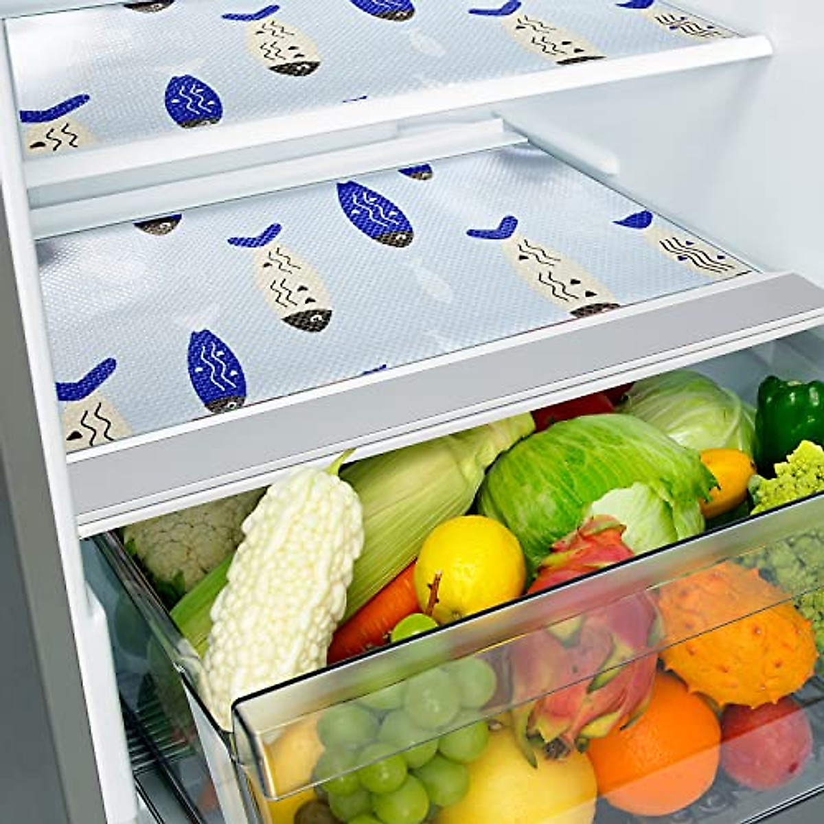 Ganwawo 8 Pcs Refrigerator Liners,Washable Non-Slip Refrigerator mat,Free Anti-Slip mat,for Drawer, Shelf and Refrigerator Liners, Cuttable Refrigerator mat (Fish)