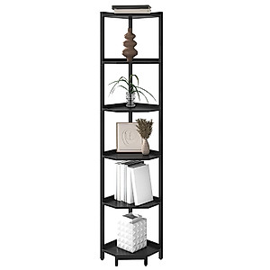 Hzuaneri Corner Shelf Stand, Corner Bookshelf, Storage Standing Shelf Unit with Metal Frame, Plant Stand, Corner Bookcase for Living Room, Home Office, Bedroom, 6-Tier Black CS06006B