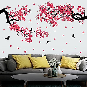 WOYINIS 3D Cherry Blossom Wall Stickers, Tree Branch Birds and Falling Flowers Petals Wall Decals, Peel & Stick Women Girls Bedroom Wall Decals Stickers Art for Living Room Bedroom Office Wall Decor