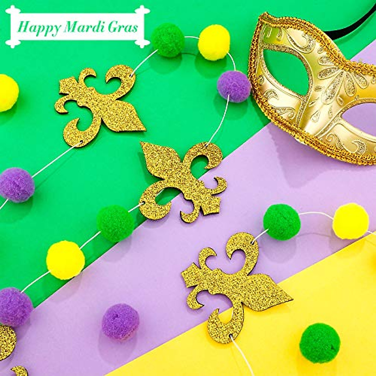 3 Pieces Mardi Gras Garland Wool Felt Ball Pom Pom Garland Ornaments Gold Purple Green Felt Ball Banner Hanging Decorations for Mardi Gras, Wedding, Party Supplies, Home Decor