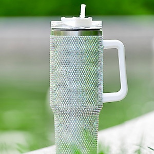 Buyso 40 Oz Bling Tumbler With Handle Rhinestones Tumbler With Lid and Straw Fix for Car Cup Holder Insulated Stainless Steel Double Wall Water Cup Travel Mug Tumblr For Women (40 oz, Shiny)