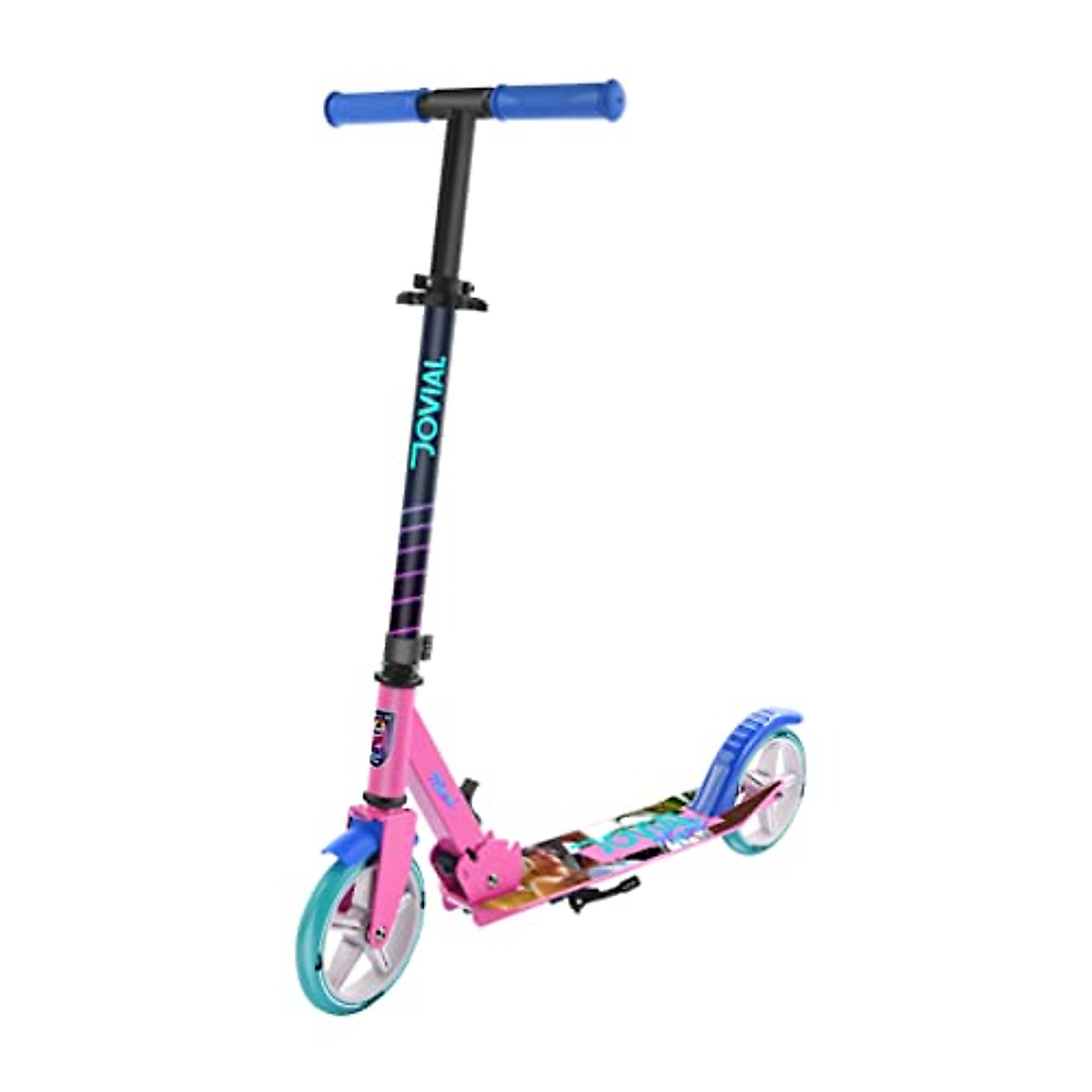 Jovial 2-Wheel Folding Kick Scooter - Compact Foldable Riding Scooter for Teens w/Adjustable Height, Alloy Anti-Slip Deck, 7” Wheels, Mud Guard Front Wheel, for Kids Boys/Girls 8+ Yrs Old (Miami)