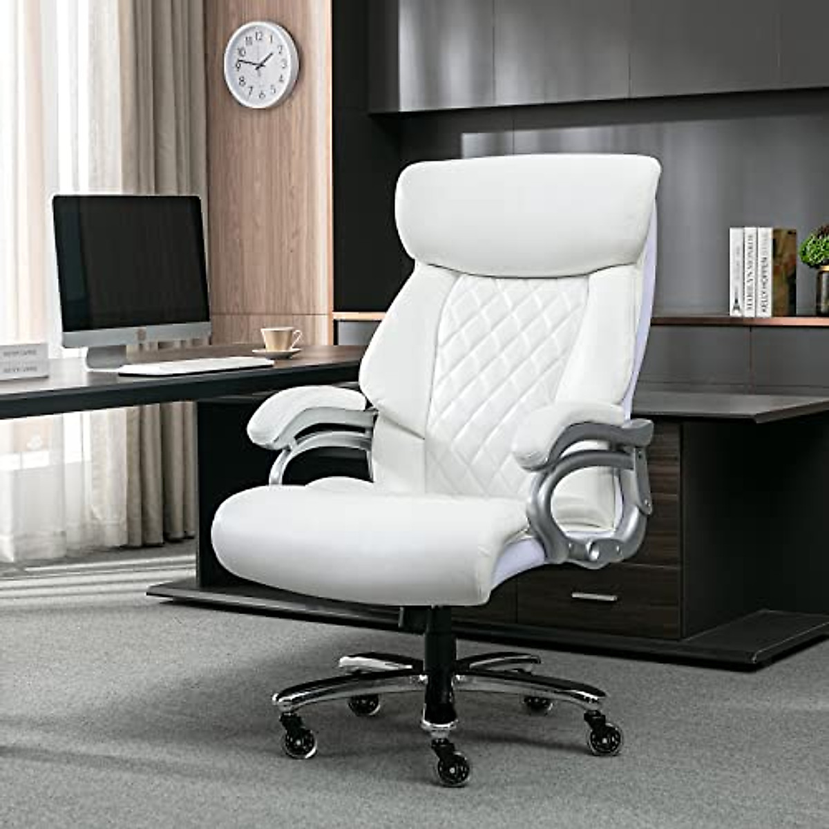 Okeysen Big and Tall 500lbs Office Chair Wide Spring Seat, High Back Large Executive Chair, Adjustable Lumbar Support Quiet Rubber Wheels Heavy Duty Metal Base, Office Chair for Back Pain (White)