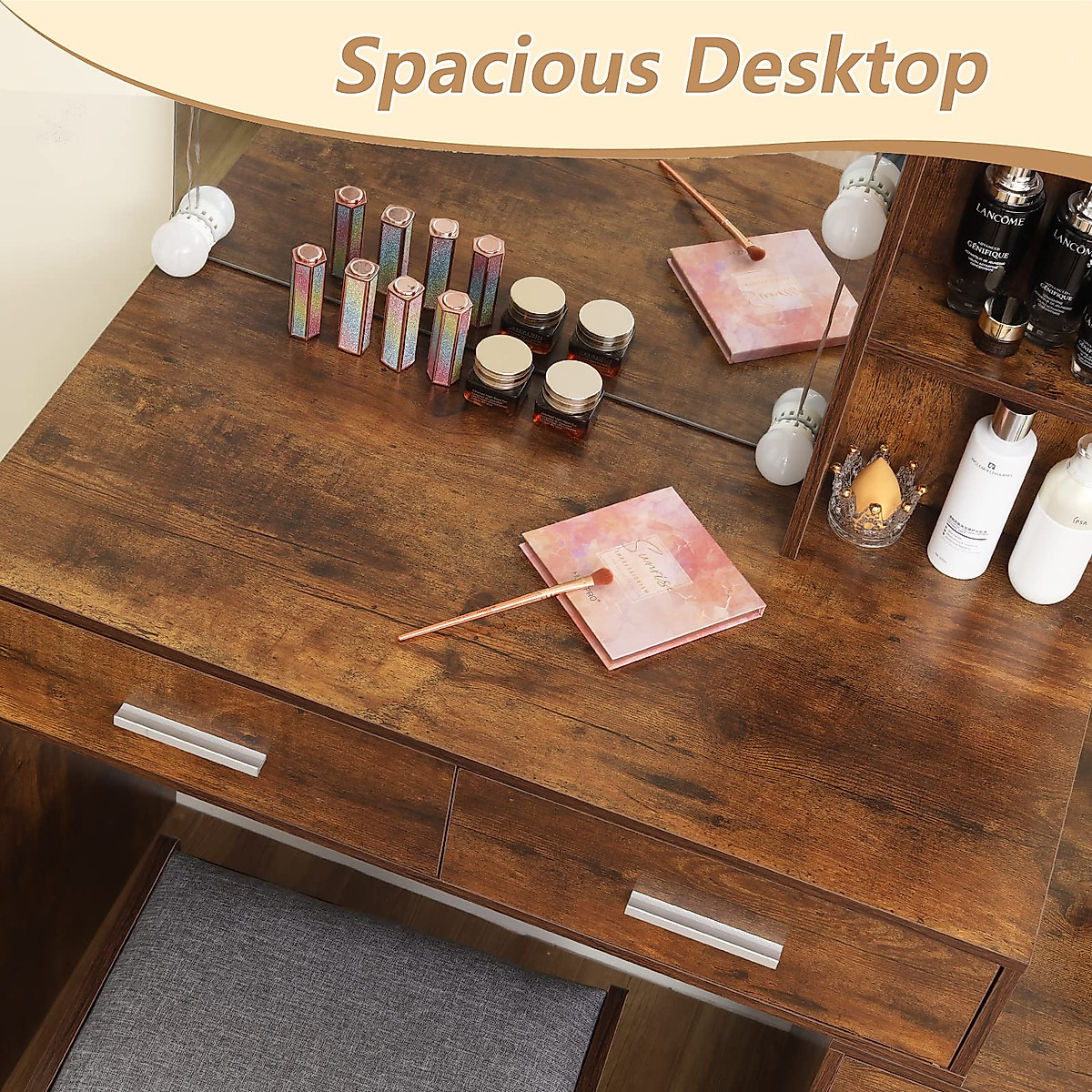 usikey 43.5in Large Vanity Desk with Mirror and 10 LED Lights, Makeup Vanity Table with Lights and 5 Drawers, Vanity Table Vanity Set with Storage Shelves and Stool for Women Girls, Rustic Brown