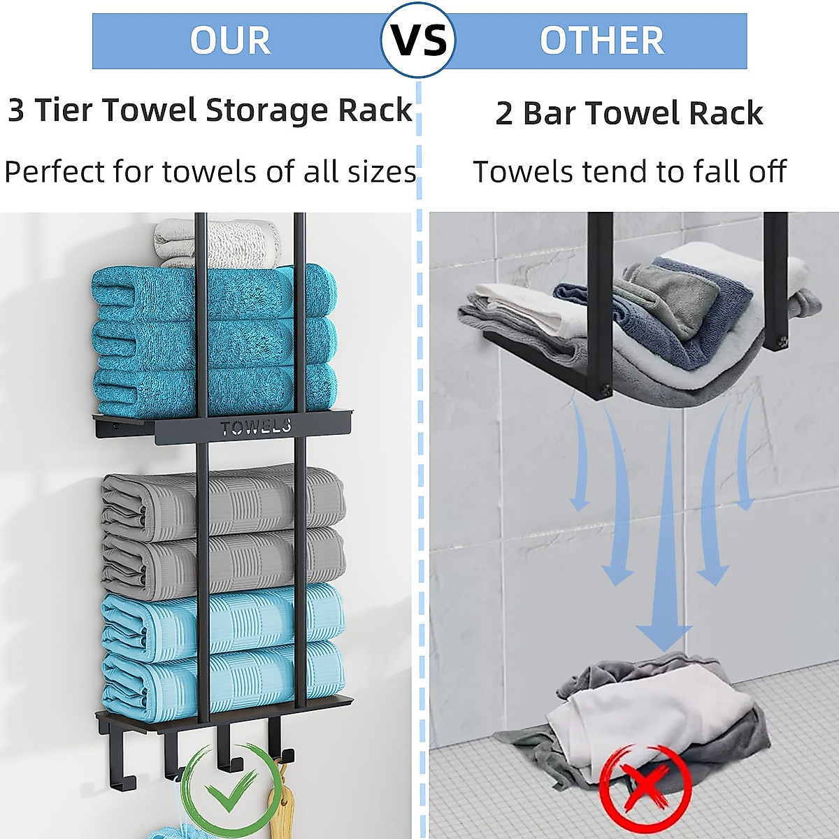 Bathroom Towel Rack with Shelf, New Upgrade 3 Tier Towel Storage Rack for Bathroom Wall Mounted with 4 Hooks, Wall Towel Holder for Rolled Towels, Towel Shelf for Small Bathroom, Matte Black