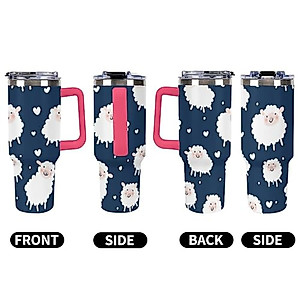 Cute Sheep Pattern 40oz Water Bottle Double Wall Insulated Tumbler with Handle Leakproof Travel Mug Light Rose Red-style