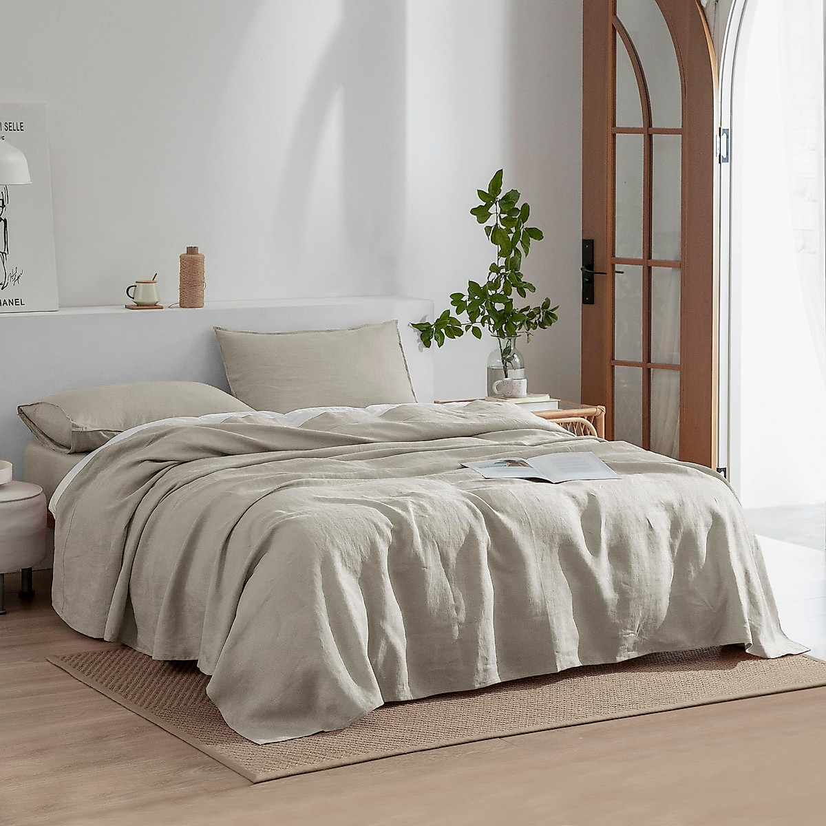 EVERLY Hemp Queen Size Sheets Set, Natural Premium Hemp Sheets, Deep Pocket 4 Piece Bed Sheet Set, Easy-Fit Breathable Cooling Sheets, Wrinkle Fade Resistant Sheet Sets-Beige