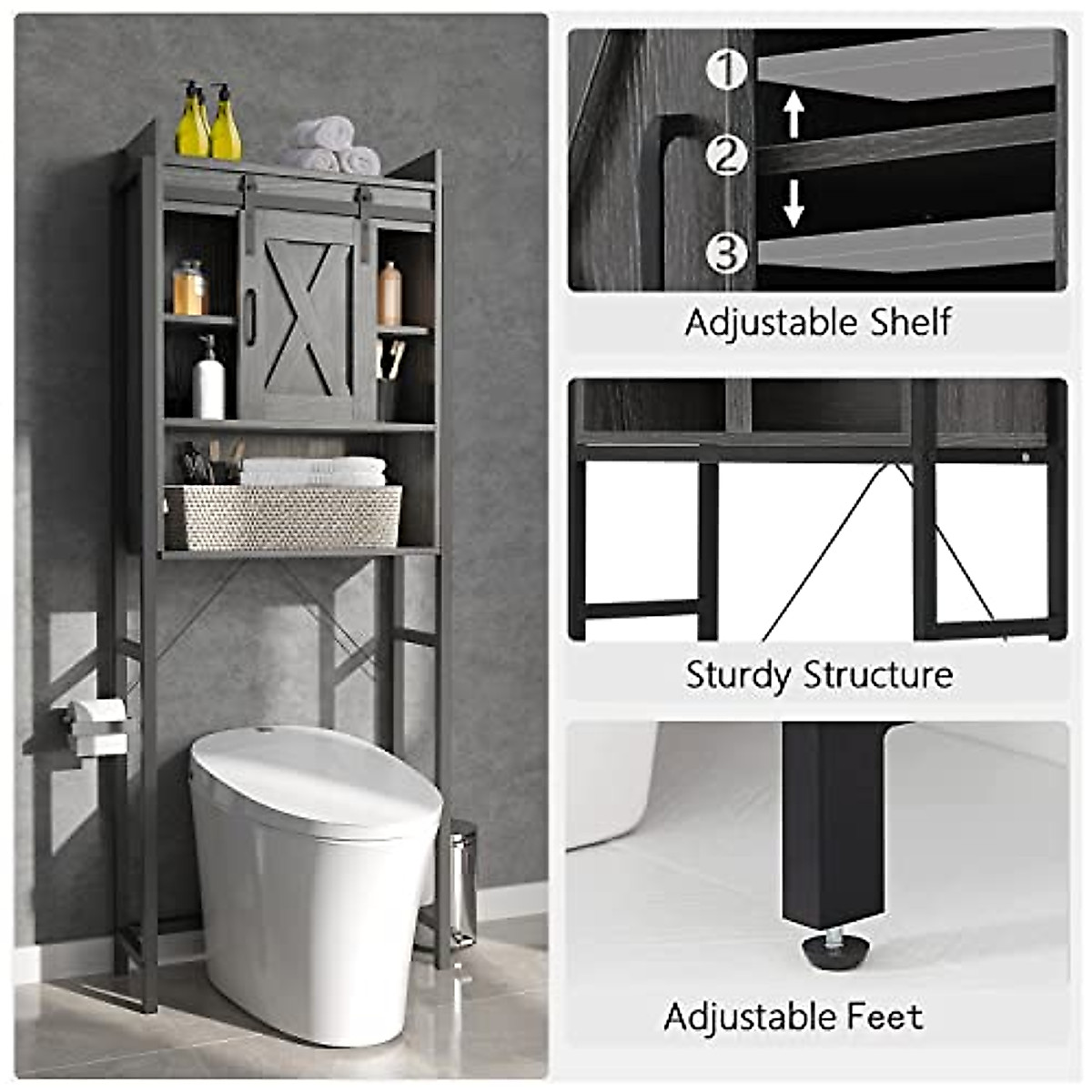 SOSPIRO Farmhouse Over The Toilet Storage with Sliding Barn Door, Freestanding Bathroom Organizer Over Toilet Storage Cabinet with Adjustable Shelf, Metal Frame Space Saver Toilet Stands, Grey