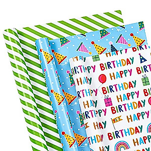 WRAPAHOLIC Birthday Wrapping Paper Roll - Mini Roll - 3 Rolls - 17 Inch X 120 Inch Per Roll - Happy Birthday Lettering and Stripe for Kid's Birthday, Baby Shower
