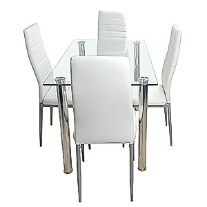 SSLine 5 Pieces Dining Table Set,Kitchen Room Tempered Glass Dining Table,Dining Table Set with 4 PU Leather Chairs,Home Furniture for Small Spaces Kitchen (Creamy White)
