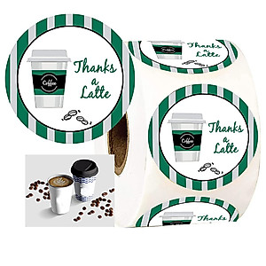 Thanks A Latte Stickers,1.5 Inch Customer Appreciation Labels for Favors Bags,Envelope Seals,Goodie Bags,Suitable for Small Business,Cafe,500 Pcs Per Roll