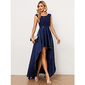 Ever-Pretty Women's Sleeveless Round Neck Asymmetry Hem Lace Satin Summer Wedding Guest Dresses Navy Blue US4