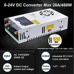 IMAYCC Adjustable Power Supply with LED Display - 110V AC to 24V DC Converter 480W 20A