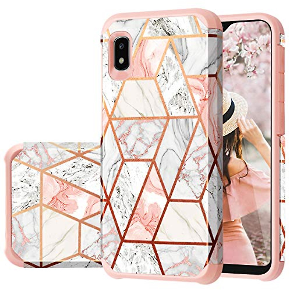 Fingic Samsung Galaxy A10E Case, Galaxy A10e Case Rose Gold Marble Design Shiny Glitter Bumper Hybrid Hard PC Soft Rubber Silicone Cover Anti-Scratch Shockproof Protective Case for Samsung A10e 5.8"