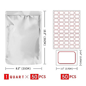 50 PCS（8x12 inch）Stand Up Mylar Aluminum Foil Bags, Silver Resealable Smell Proof Bags with Label sticker，Family Daily life for Food long-term Storage Coffee,Tea,Cereal