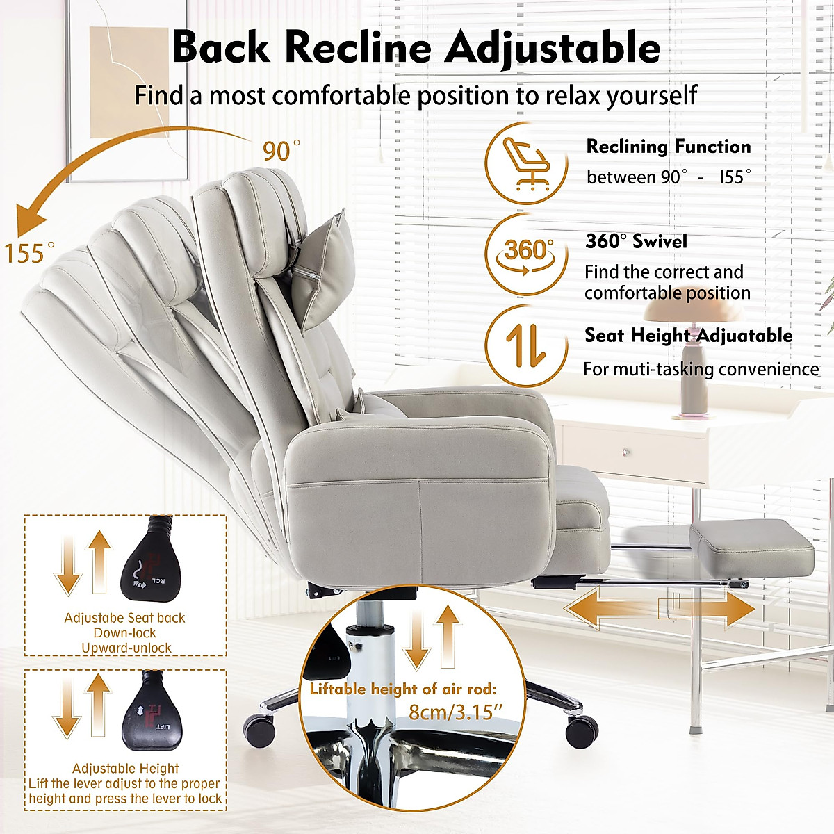 High Back Office Chair -500 LBS Big and Tall Executive Office Chair, Ergonomic Computer Desk Office Chair, Adjustable Lumbar Support, Heavy Duty Metal Base, Armrest Side with 4 Storage Bags,Light Grey