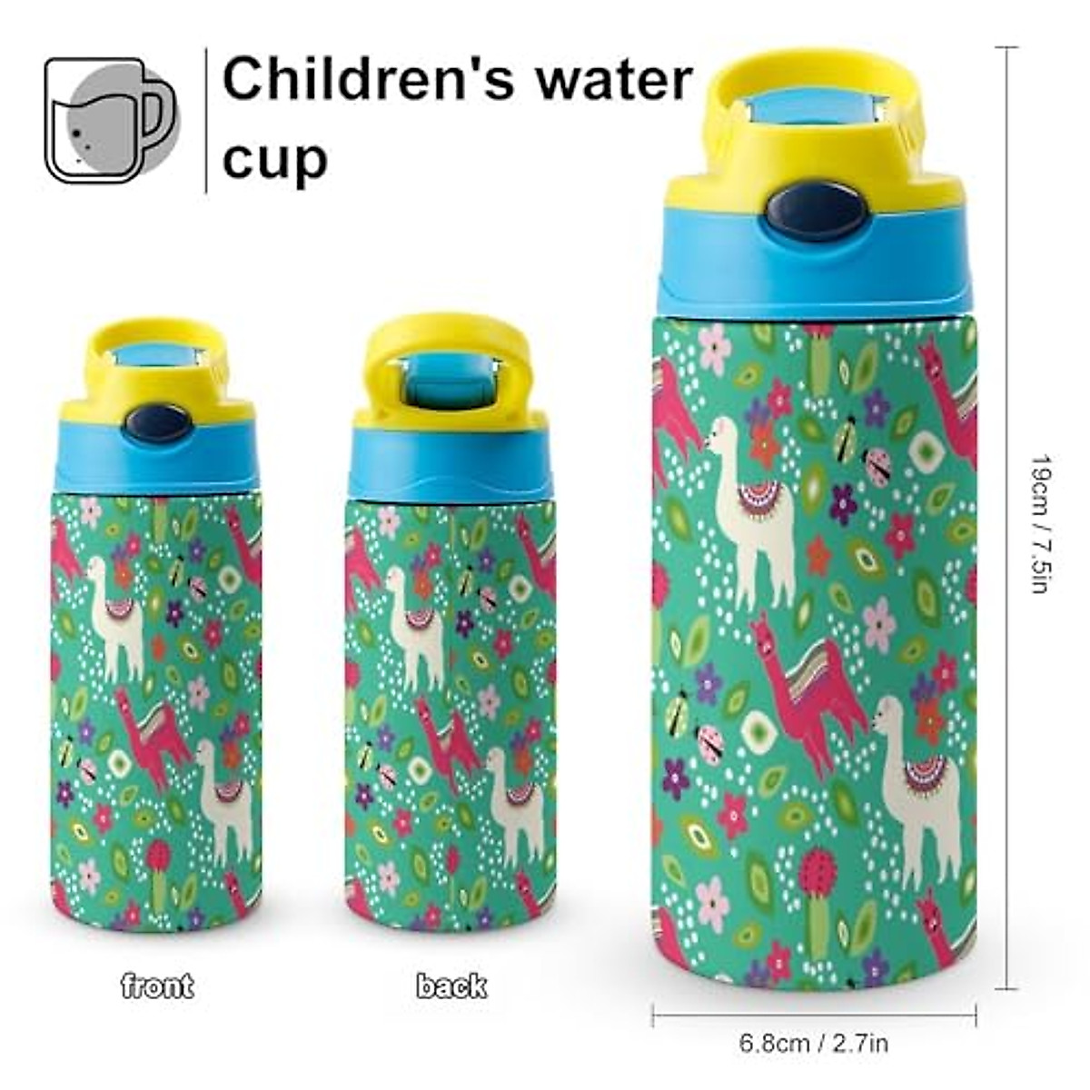 Kids Water Bottle with Straw Lid Cute Llama with Flower Cactus Ladybug Print 12 Oz/350 Ml Stainless Steel Reusable Thermos Bottles