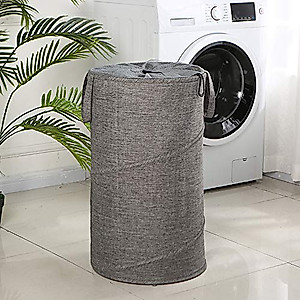 WDHome Mesh Pop-Up Laundry Hamper,Folding Cylinder Laundry Basket for Dirty Clothes, Children's Toys Basket,Toy Box Organizer - with Handle and Drawstring Lid(Gray)