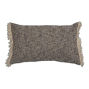 Creative Co-Op Polyester Woven Cotton Lumbar Chambray Back & Fringe Pillow, Black & Cream