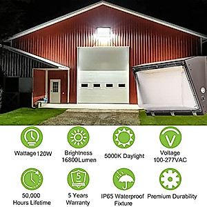 120W LED Wall Pack Light Fixture with Dusk to Dawn, 5000K Daylight Commercial Outdoor Lighting, 0-10V Dimmable 16800LM 600-800W HPS/HID Equiv., UL/DLC Waterproof LED Flood Security Light for Warehouse