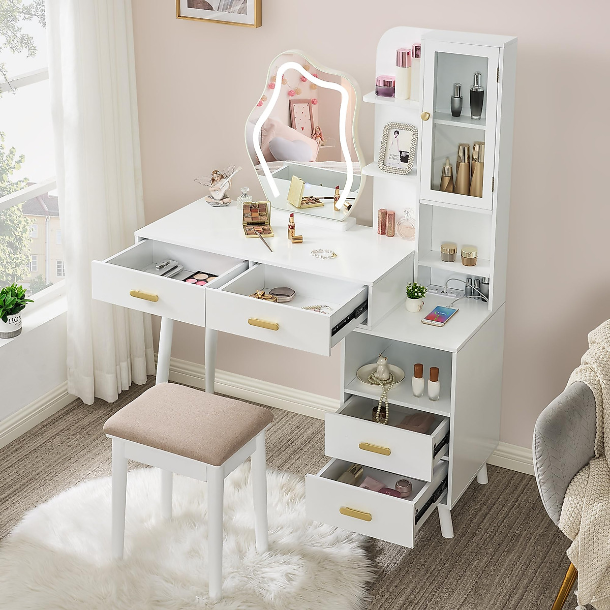 ANWBROAD White Vanity with Lighted Mirror Vanity Desk with Mirror and Lights Girls Vanity with Power Outlet Stool Drawers Shelves Charging Station 3 LED Lighting Modes Bedroom Makeup Table UBDT55W