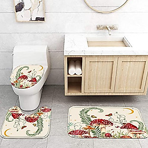 4PCS Mushroom Butterfly Flower Shower Curtain Set with Non-Slip Rugs, Toilet Lid Cover and Bath Mat, Moon Stars Shower Curtain with 12 Hooks, Durable Waterproof Retro Bathroom Decor Set