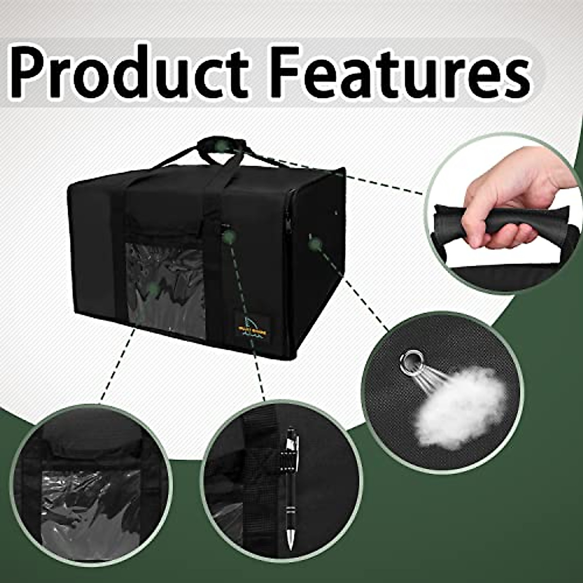 OujiuShark Insulated Pizza Bags for Delivery, 20in x 20in x 12in, Commercial Pizza Warmer Bag, Large Pizza Carrier for Hot and Cold Food (Black)