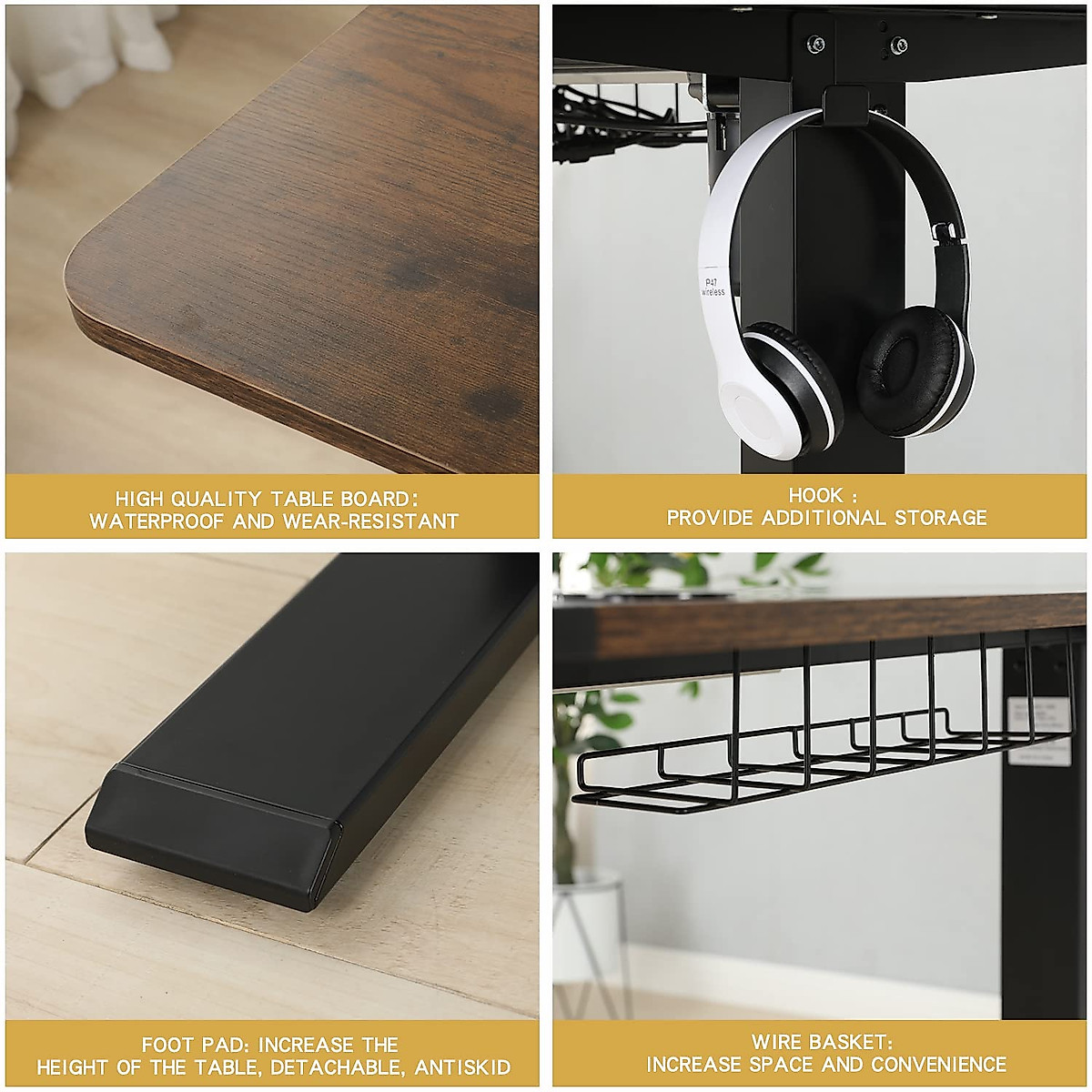 Jceet Adjustable Height Electric Standing Desk, 48 x 24 Inch Sit Stand Computer Desk with Lockable Casters, Stand Up Desk Table for Home Office, Black Frame+ Rustic Brown Top