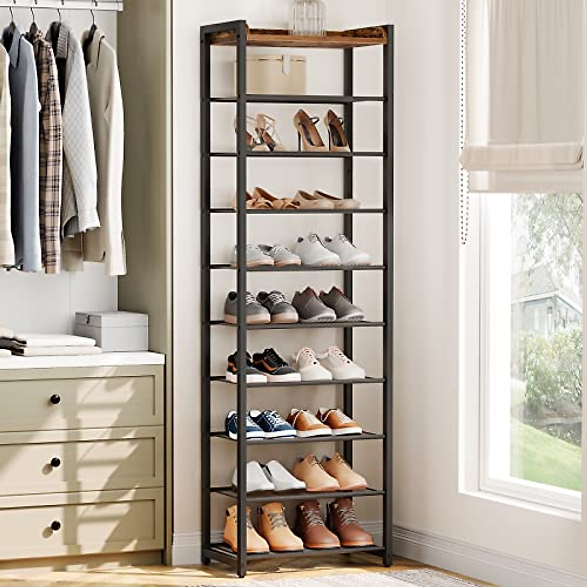 HOOBRO 10 Tier Shoe Rack, Narrow Shoe Storage Organizer with 9 Metal Shelves, Saving Space, Stable and Sturdy, Hold 18-27 Pairs of Shoes, for Entryway, Hallway, Living Room, Rustic Brown BF40XJ01