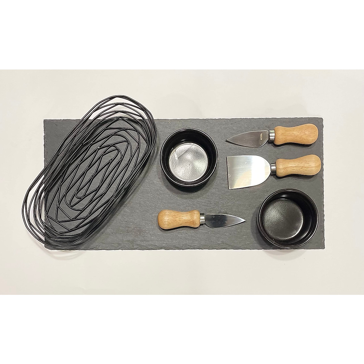 Slate Serving Set | 8 Pieces - 1 Black Slate 15X7.5 Serving Board with Soapstone, 2 Ceramic Ramekins, 3 Cheese Knives with Wooden Handles and 1 Wire Basket | Charcuterie, Appetizers, Desserts