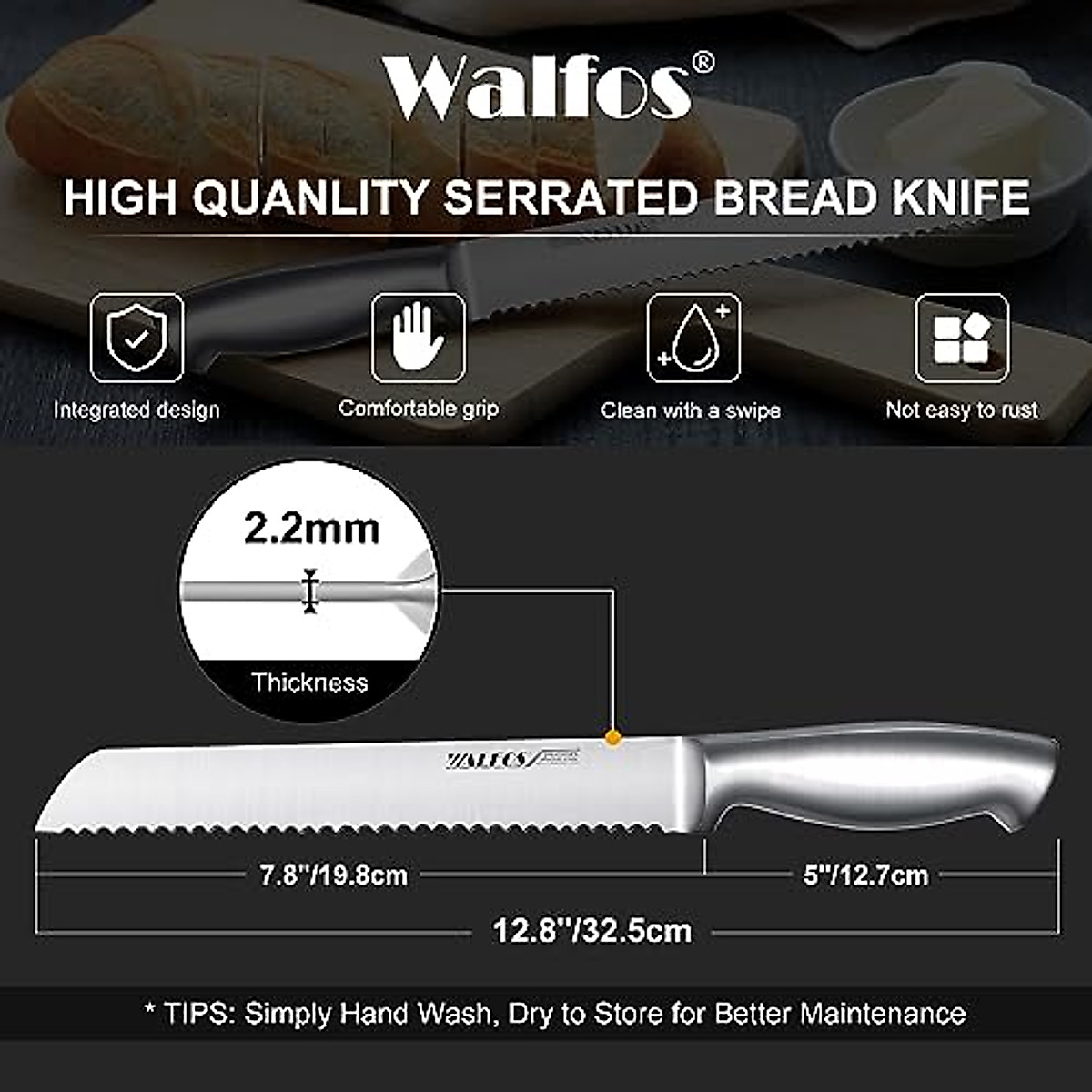 Walfos Bread Knife with Sheath, Serrated Bread Knife with Upgraded Stainless Steel, Ultra-Sharp, 8-Inch Blade, Bread Slice Knife for Slicing Homemade Bread, Bagels, Cake