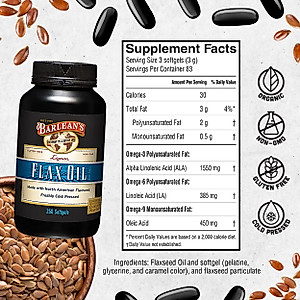 Barlean's Lignan Flaxseed Oil Softgels, Cold-Pressed Flax Seed Supplement with 1,550 mg ALA Omega-3 Fatty Acids for Joint & Heart Health, 1000mg, 250 ct